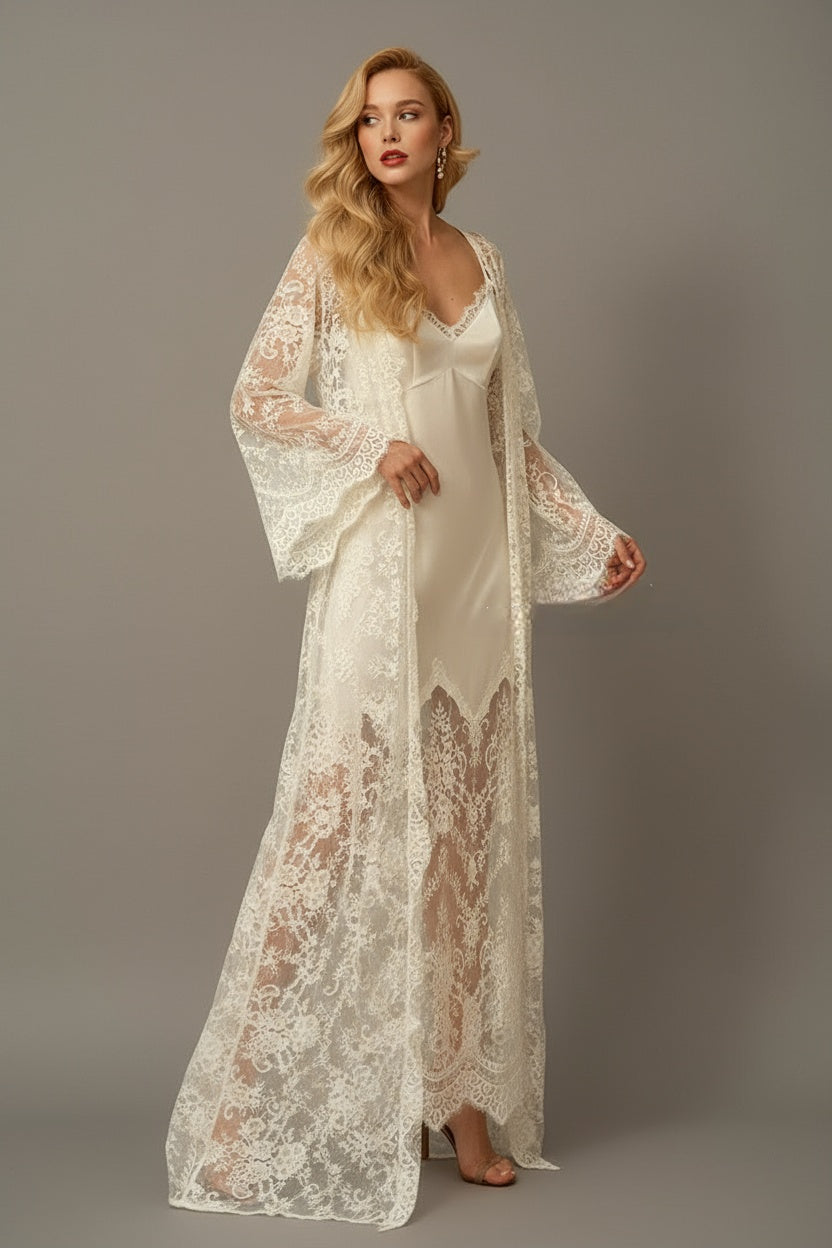 Chantilly Lace Long Robe with Silky Satin Lace Nightgown - next day sh ...