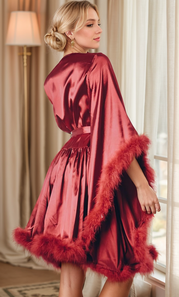 Silky satin faux turkey fur feather fringe short robe dress costume ...