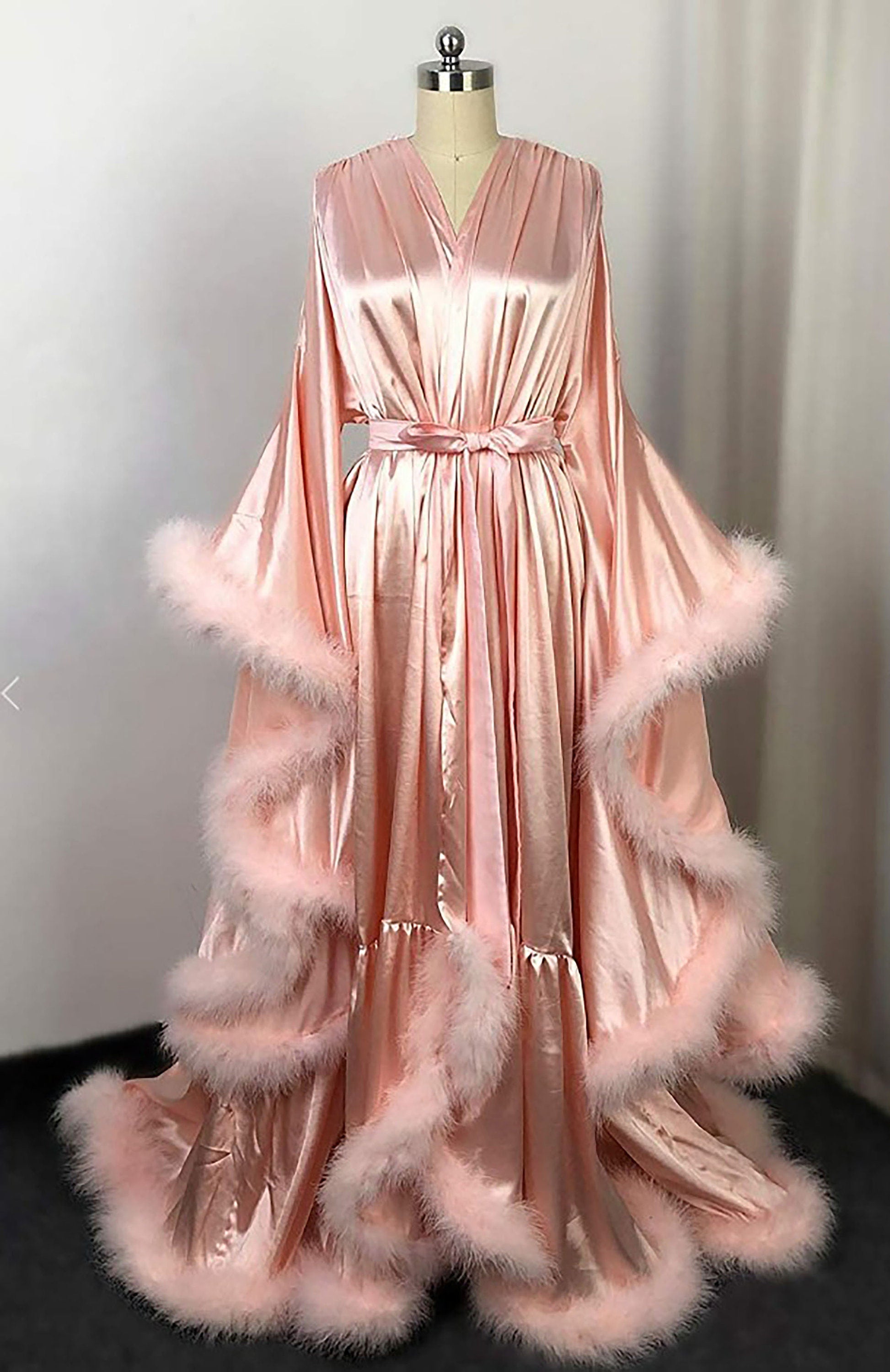 Silky Satin Victorian Feather Fringe Robe Dress SelenaHuanStudio Silky Satin Victorian Feather Fringe Robe Dress SelenaHuanStudio