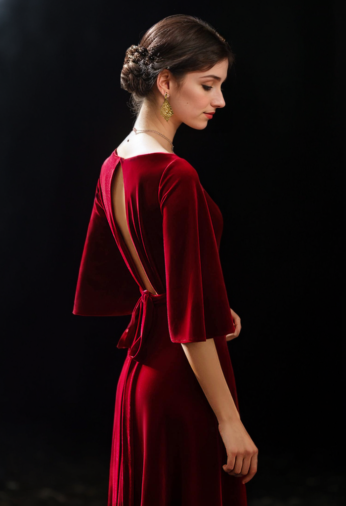 Vintage 1/2 sleeves V-neck keyhole back Velvet Dress – SelenaHuanStudio